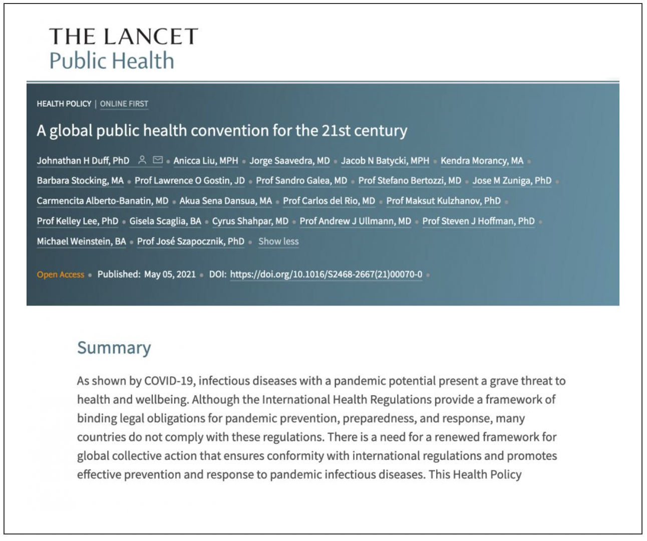 Lancet Paper Makes the Case for a Global Public Health Convention ...